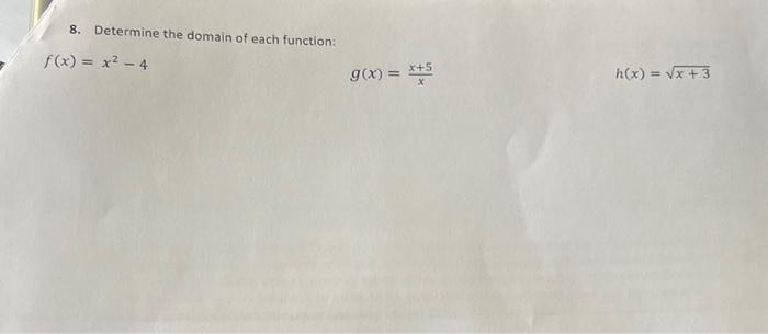 Solved 8. Determine the domain of each function: f(x)=x2−4 | Chegg.com