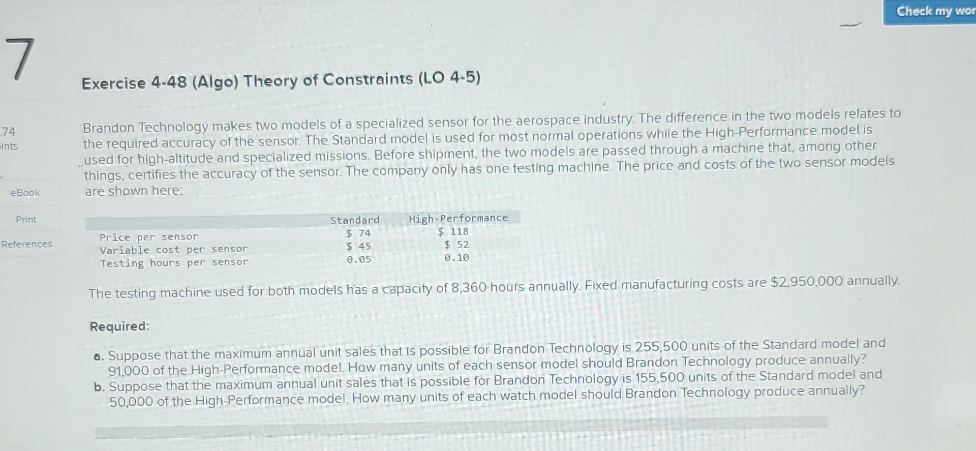 Solved Exercise 4-48 (Algo) Theory of Constraints (LO 4-5) | Chegg.com