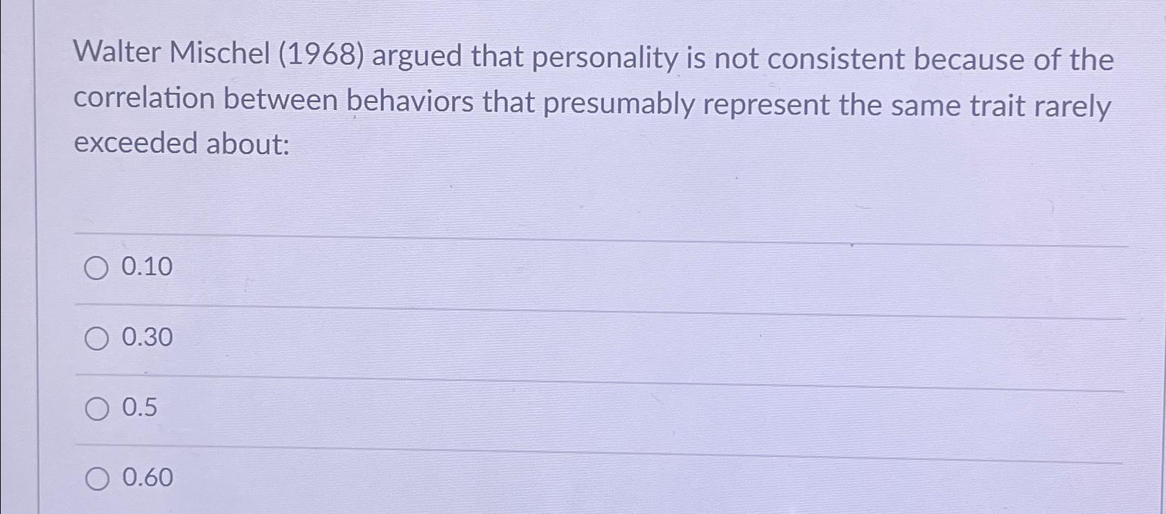 Solved Walter Mischel (1968) ﻿argued that personality is not | Chegg.com