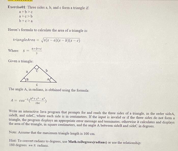 Solved Exercise01: Three sides a, b, and c form a triangle | Chegg.com