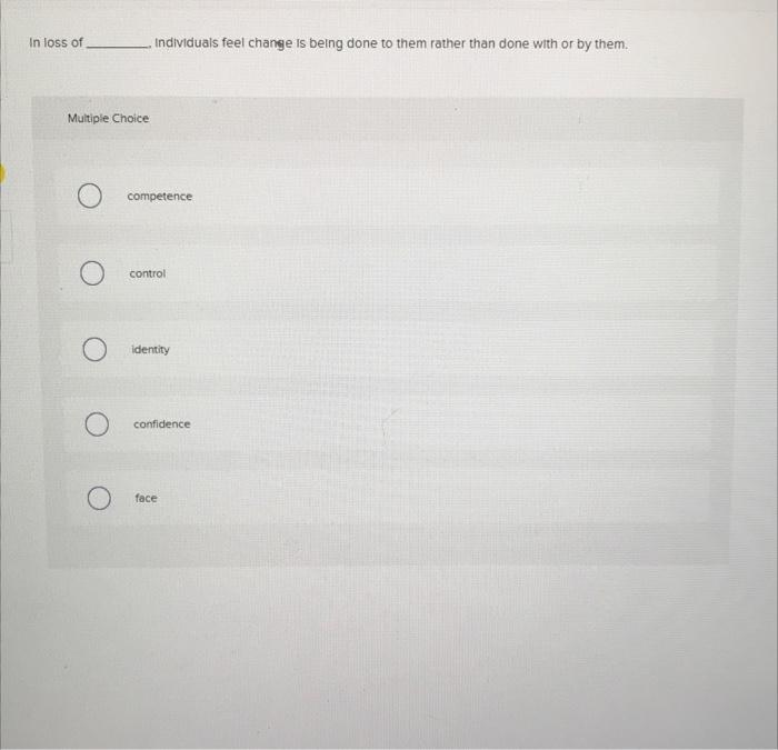 Solved In loss of Individuals feel change Is being done to | Chegg.com