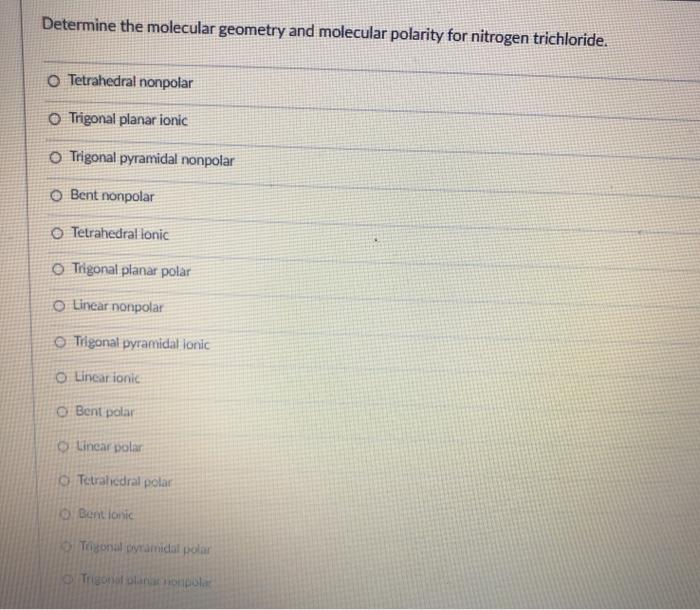 Solved Determine the molecular geometry and molecular | Chegg.com