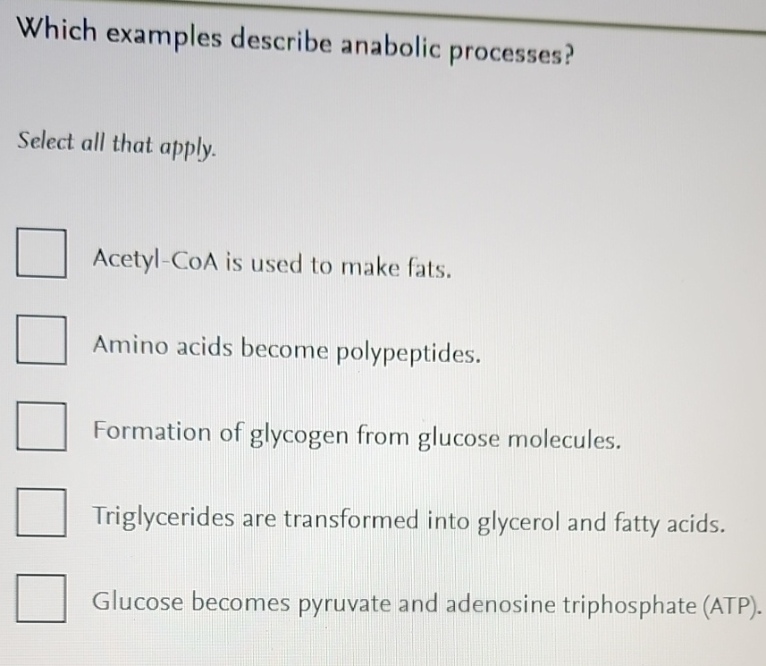 Solved Which examples describe anabolic processes?Select all | Chegg.com