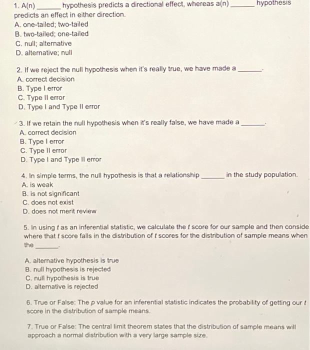 Solved 1. A(n) hypothesis predicts a directional effect, | Chegg.com