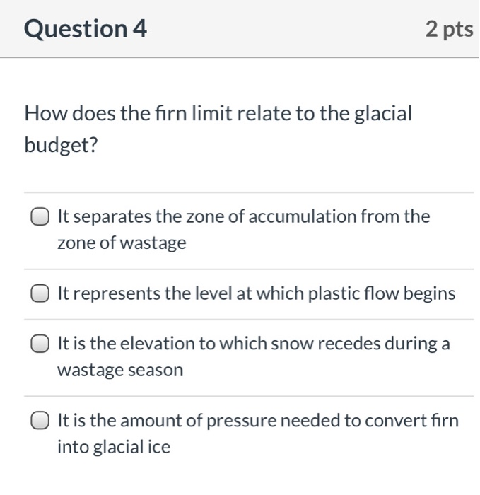 Solved Question 4 2 pts How does the firn limit relate to | Chegg.com