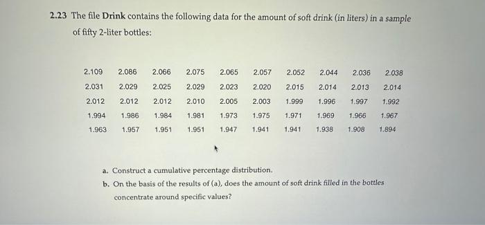 Solved 2.23 The file Drink contains the following data for | Chegg.com