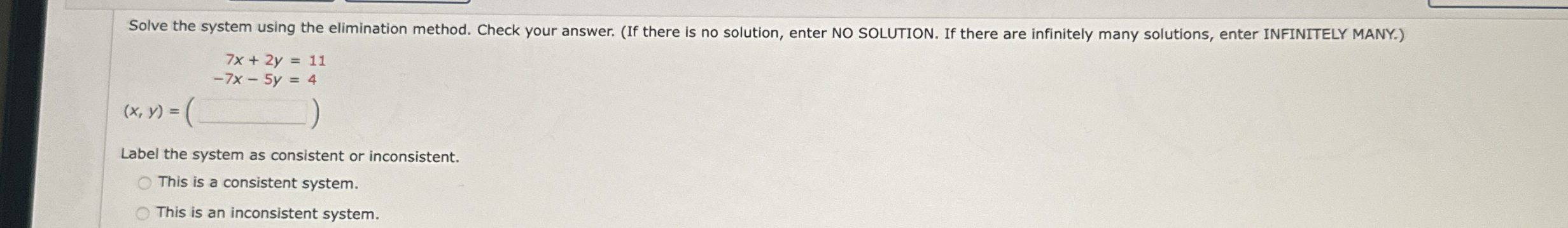 Solved Solve the system using the elimination method. Check | Chegg.com