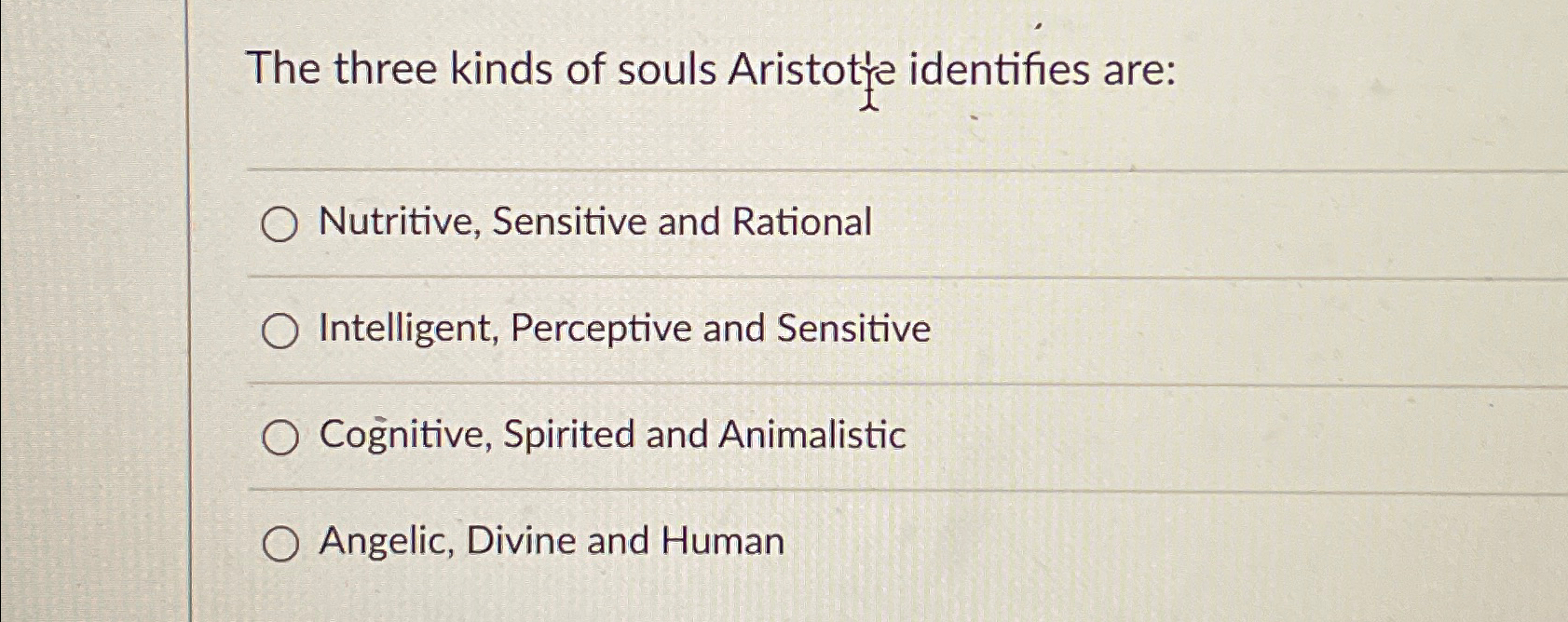 Solved The three kinds of souls Aristotfe identifies | Chegg.com