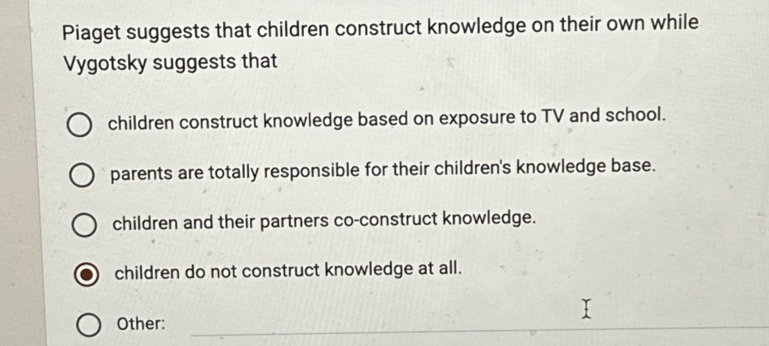 Solved Piaget suggests that children construct knowledge on | Chegg.com