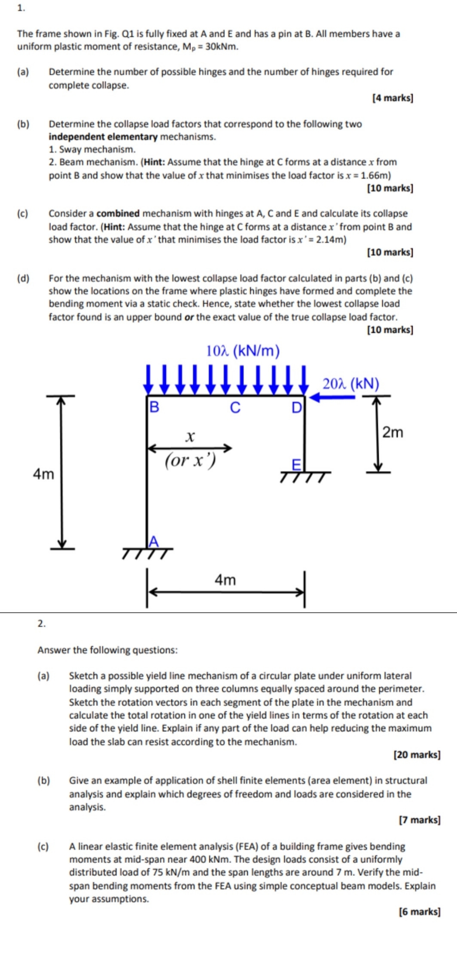 Solved The frame shown in Fig. Q1 ﻿is fully fixed at A and E | Chegg.com