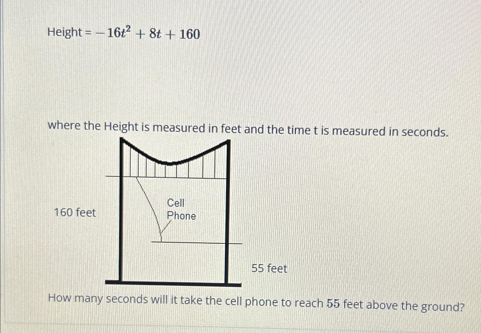 Solved Height =-16t2+8t+160where the Height is measured in | Chegg.com