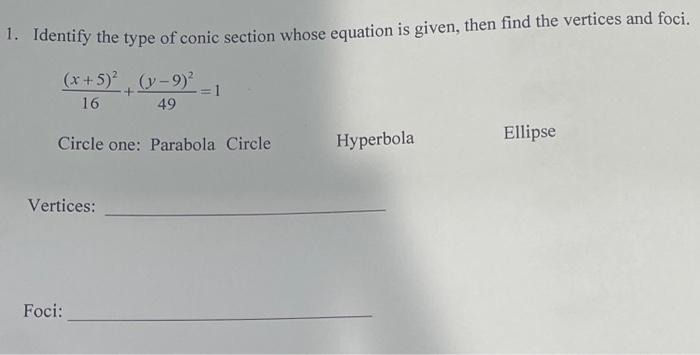 Solved 1. Identify the type of conic section whose equation | Chegg.com
