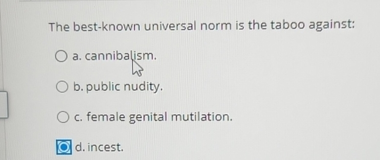 Solved The best-known universal norm is the taboo against:a. | Chegg.com