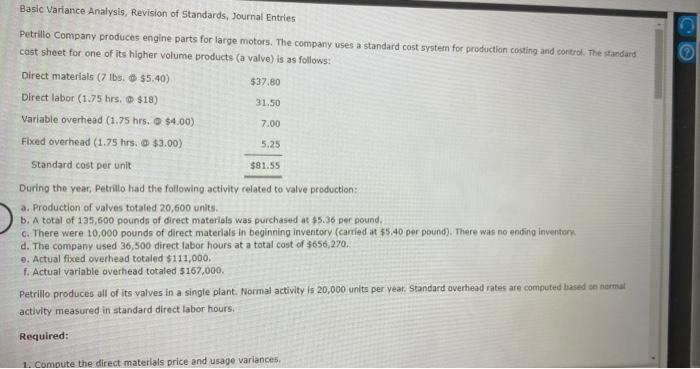 Solved Basic Variance Analysis, Revision of Standards, | Chegg.com