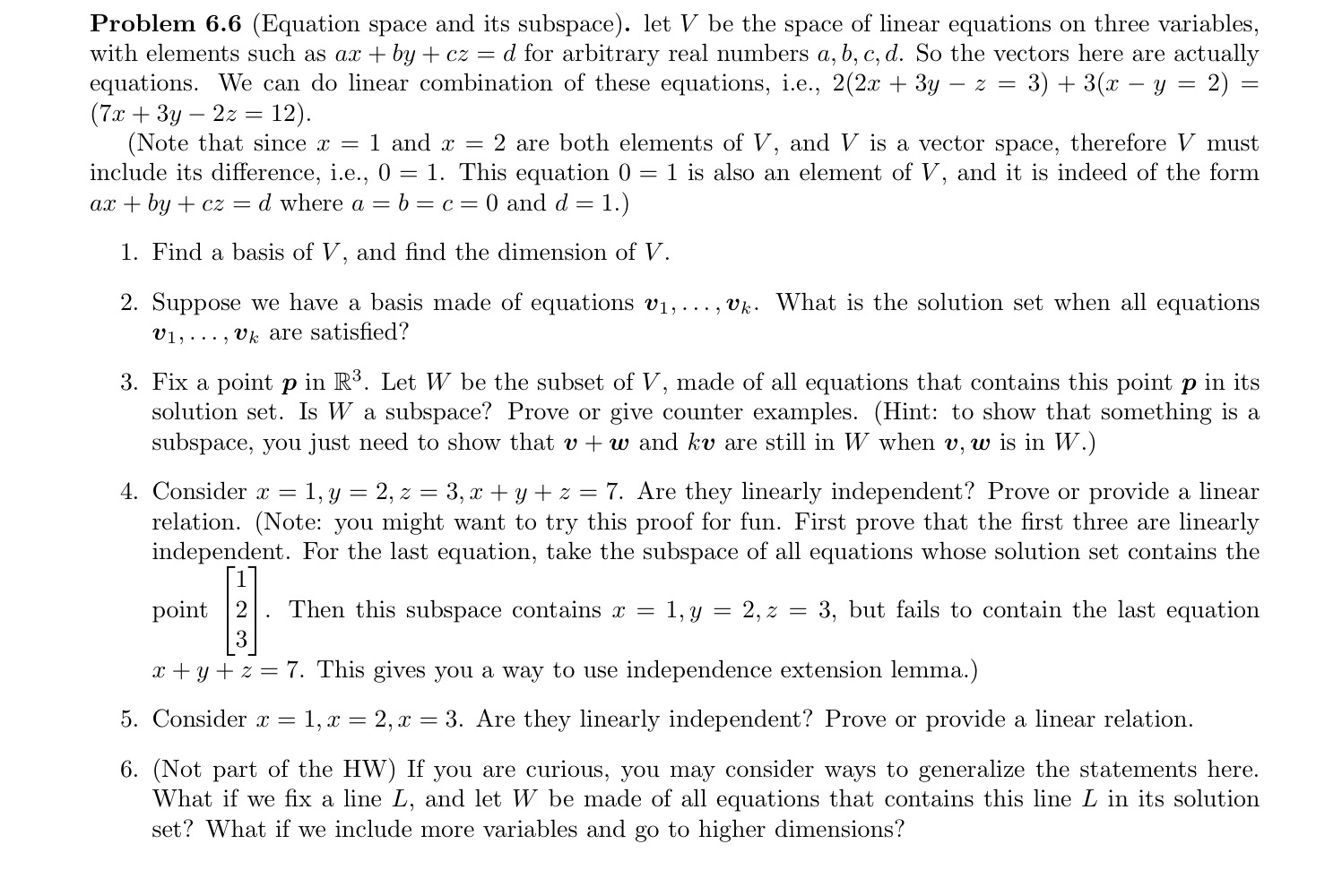 Solved Problem 6.6 (Equation space and its subspace). ﻿let V | Chegg.com