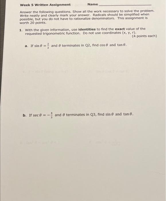 Solved Week 5 Written Assignment Name Answer the following | Chegg.com