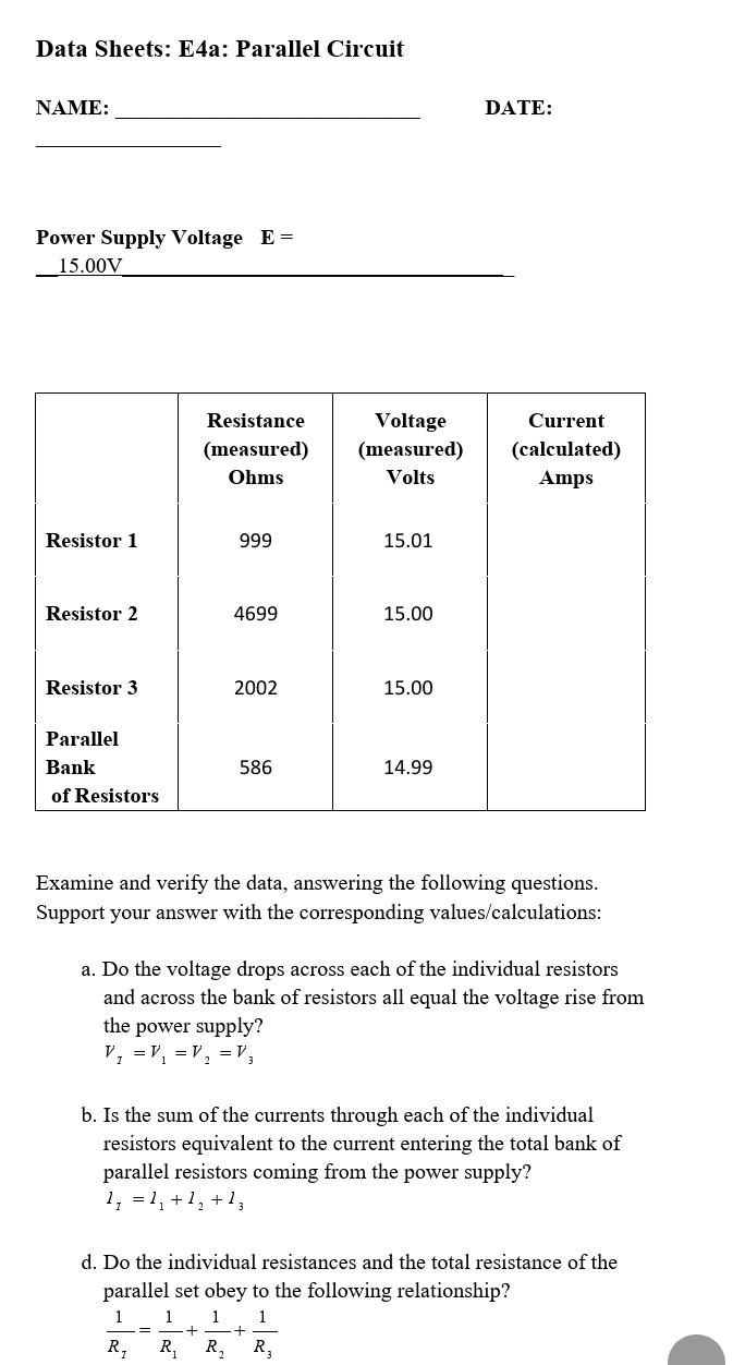 Solved Data Sheets: E4a: Ohm's Law NAME: DATE: Color Coded | Chegg.com