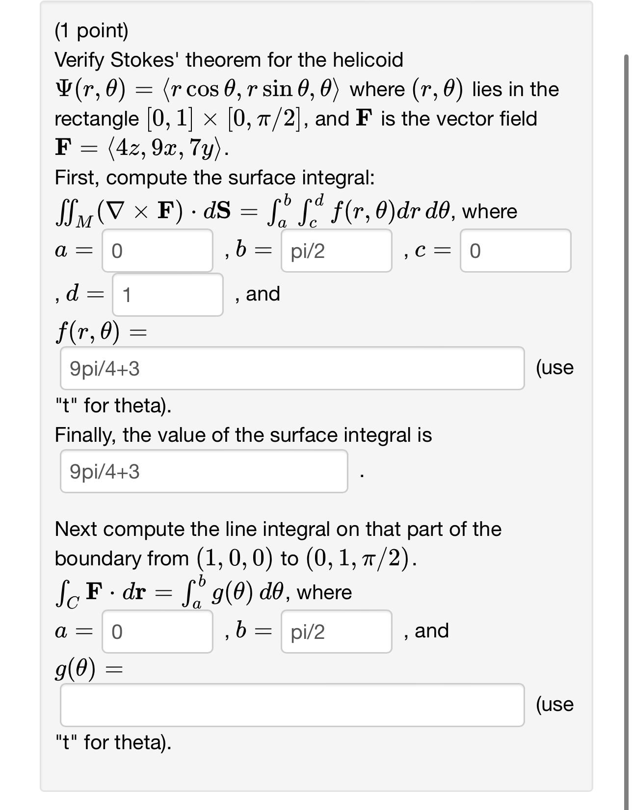 Solved (1 ﻿point)Verify Stokes' theorem for the helicoid | Chegg.com