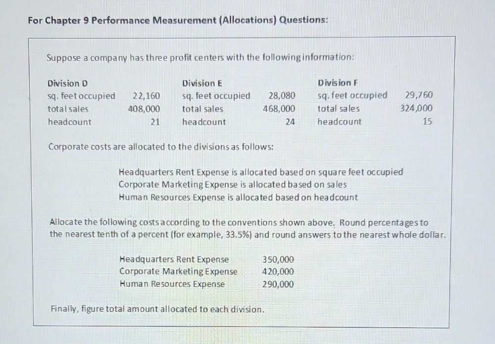 Solved For Chapter 9 Performance Measurement (Allocations) | Chegg.com
