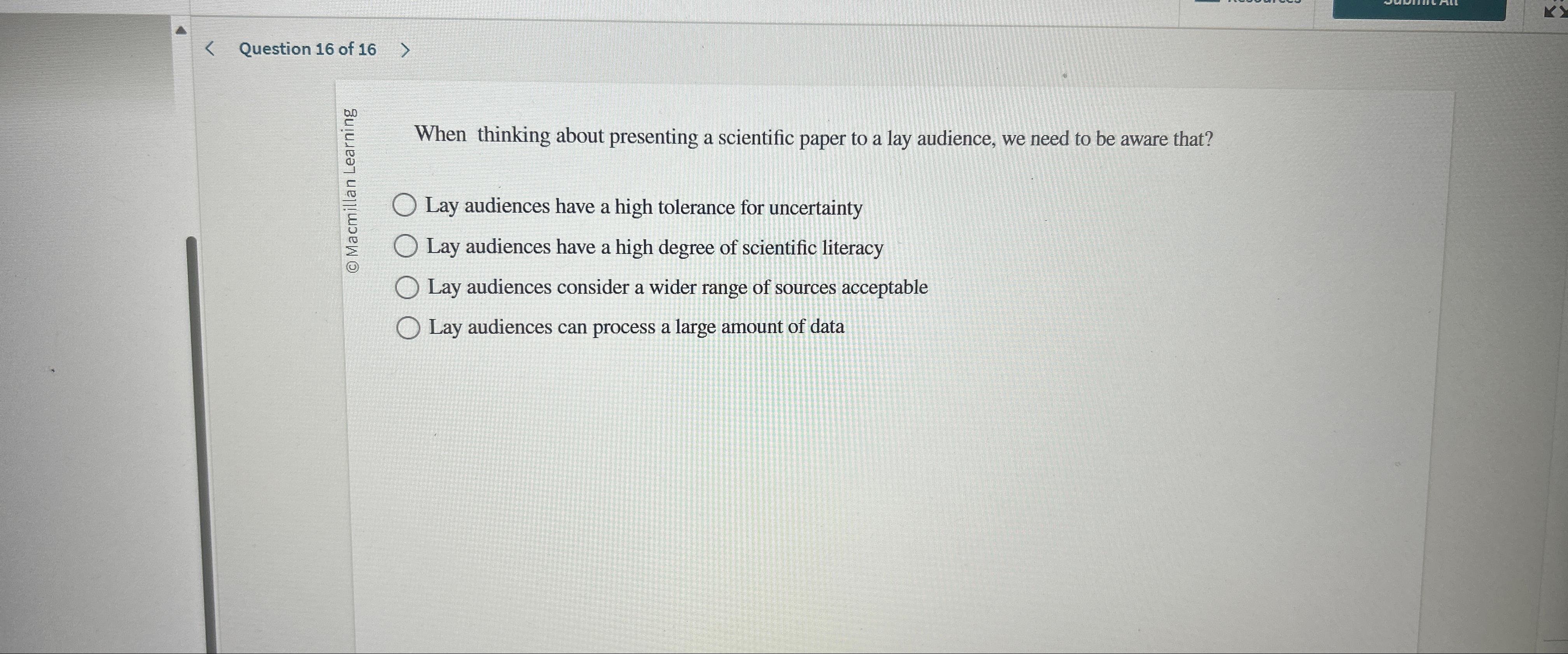 Solved Question 16 ﻿of 16When thinking about presenting a | Chegg.com