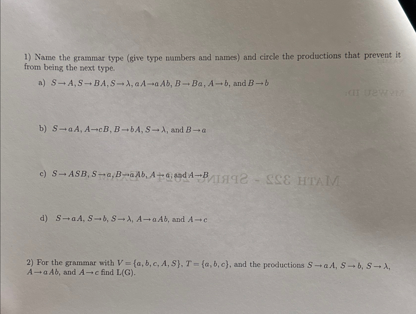 Solved Name the grammar type (give type numbers and names) | Chegg.com