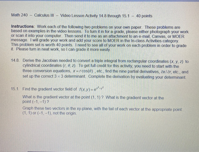Solved Math 240 - Calculus III - Video Lesson Activity 14.8 | Chegg.com