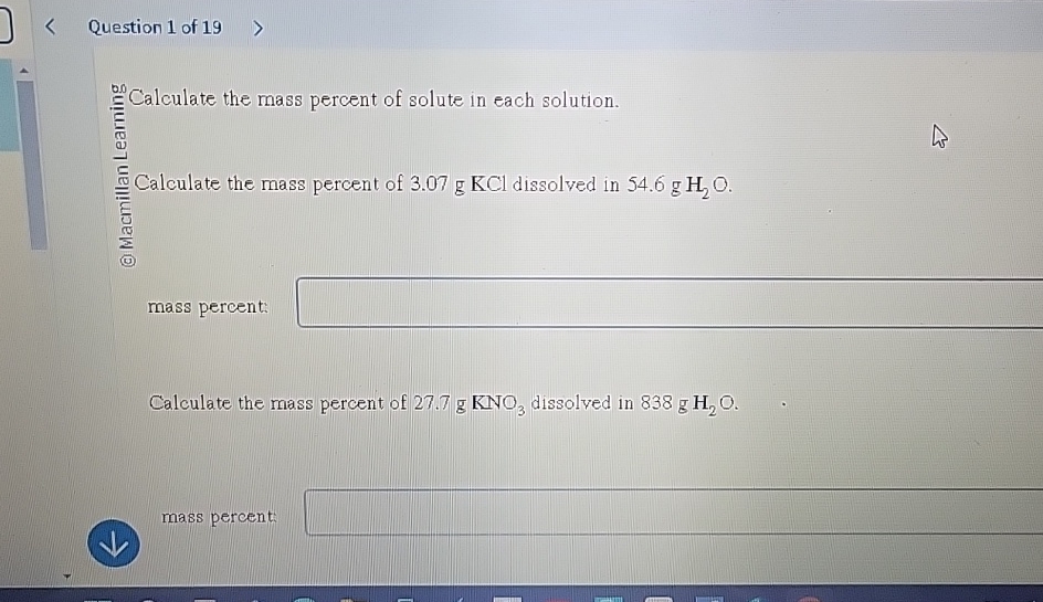 Solved Question 1 ﻿of 19Calculate the mass percent of solute | Chegg.com