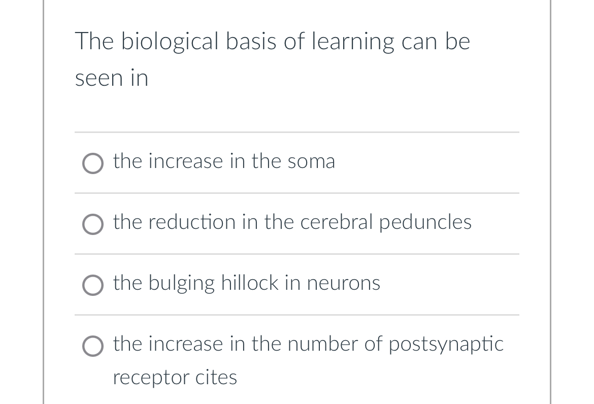 Solved The biological basis of learning can be seen inthe | Chegg.com