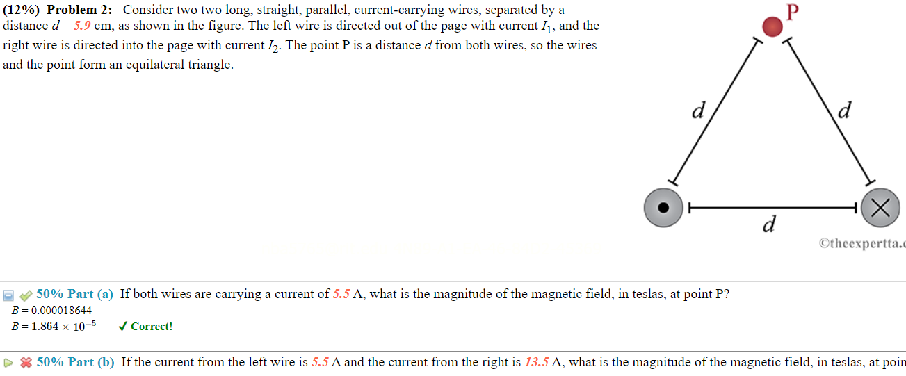 Solved (12%) ﻿Problem 2: Consider two two long, straight, | Chegg.com