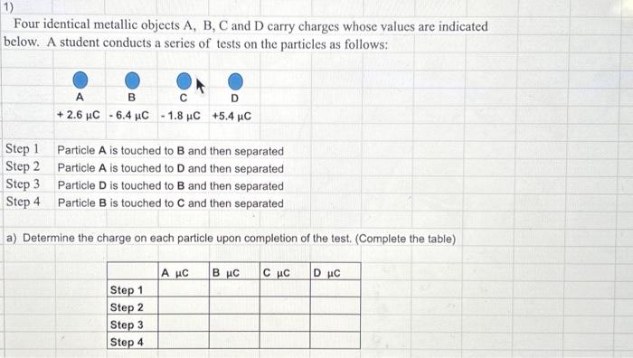 Solved Four identical metallic objects A, B, C and D carry | Chegg.com