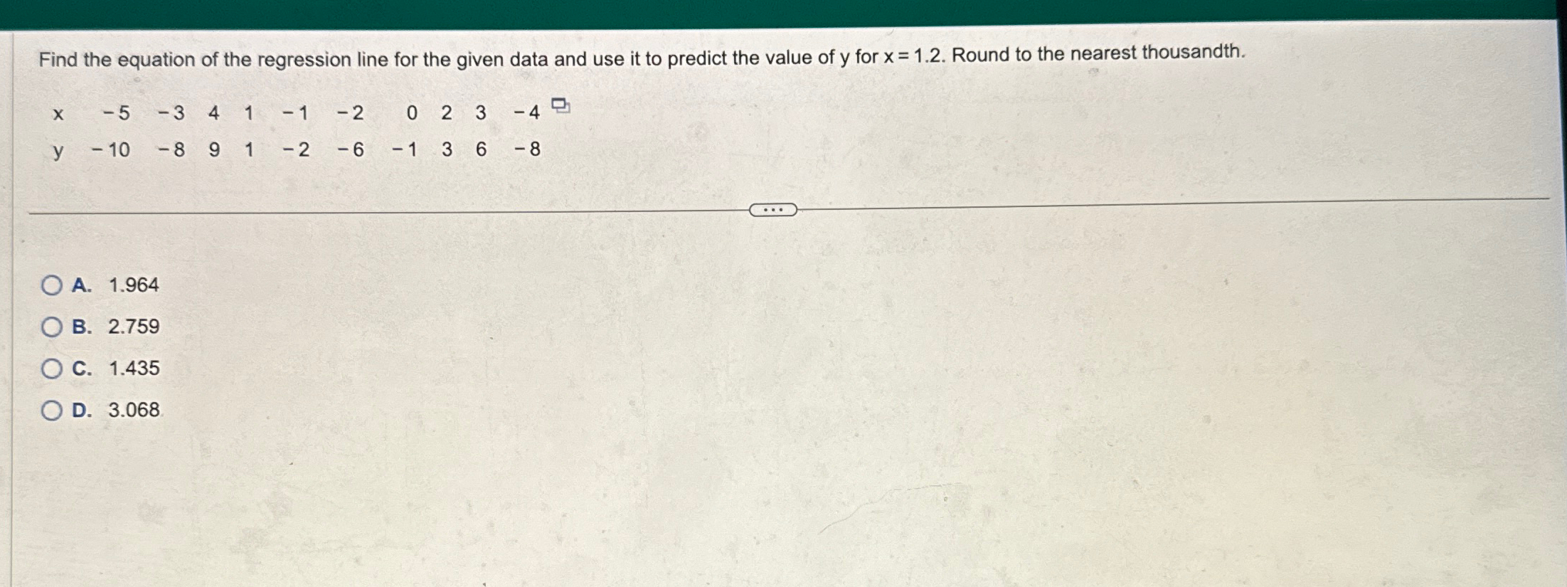Solved Find the equation of the regression line for the | Chegg.com