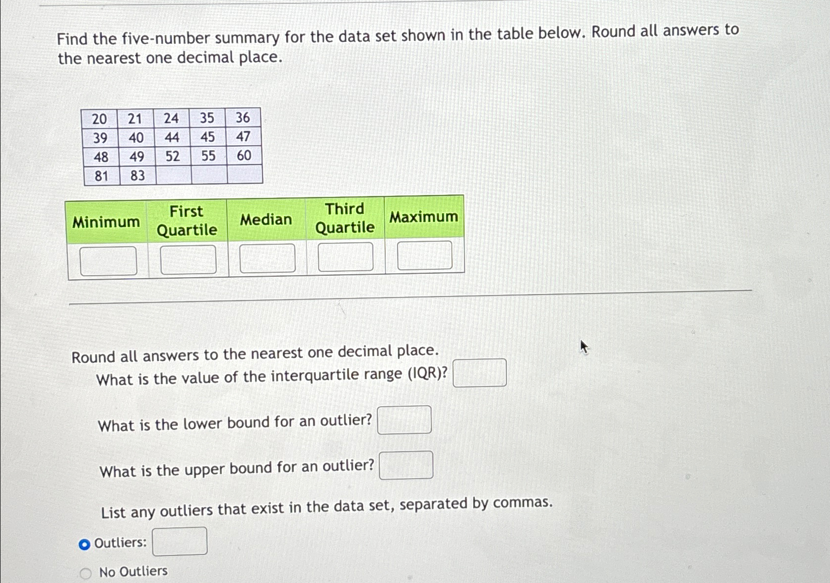 Solved Find the five-number summary for the data set shown | Chegg.com