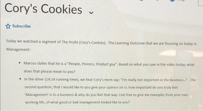 Solved Cory's Cookies V ☆ Subscribe Today we watched a | Chegg.com