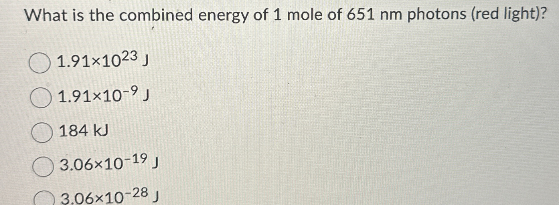 Solved What is the combined energy of 1 ﻿mole of 651 ﻿nm | Chegg.com