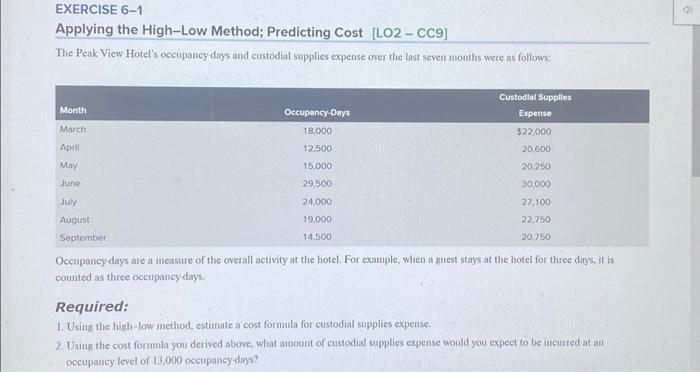 Solved EXERCISE 6-1 Applying the High-Low Method; Predicting | Chegg.com