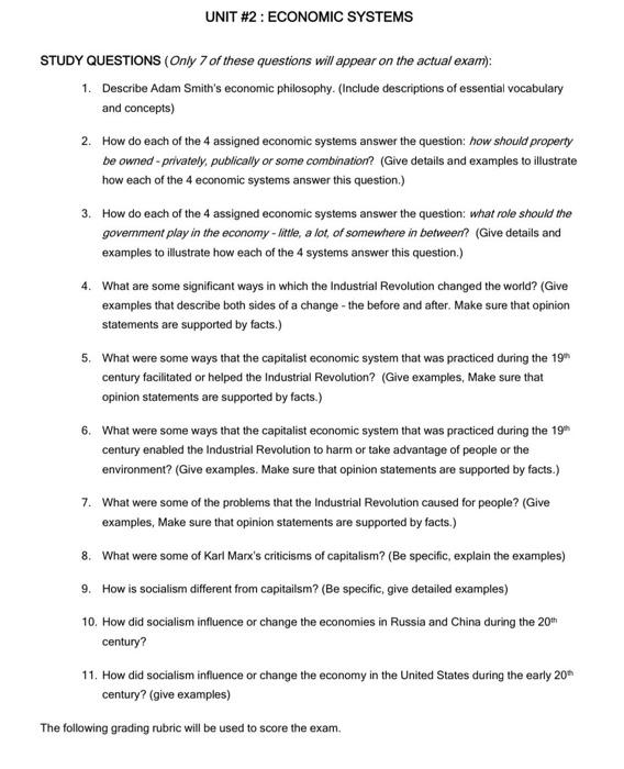 UNIT #2 : ECONOMIC SYSTEMS STUDY QUESTIONS (Only 7 of | Chegg.com