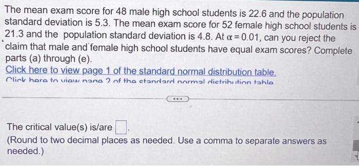 Solved The mean exam score for 48 male high school students | Chegg.com