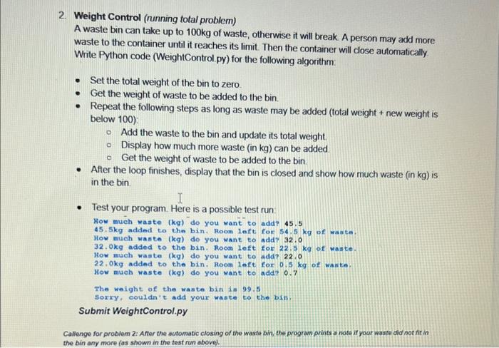 Solved 2. Weight Control (nunning total problem) A waste bin | Chegg.com