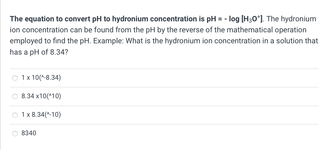 Solved The equation to convert pH ﻿to hydronium | Chegg.com