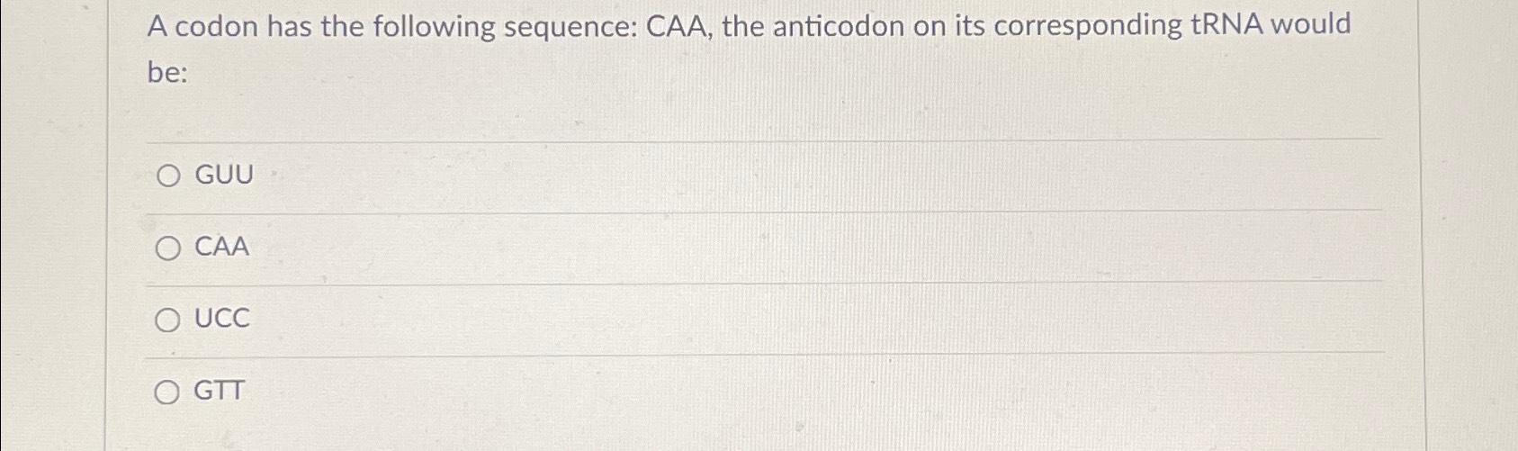 Solved A codon has the following sequence: CAA, the | Chegg.com