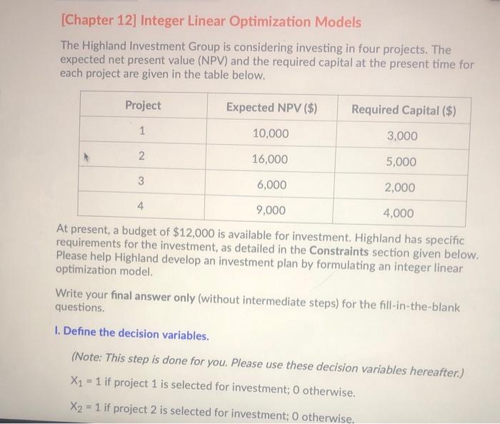 Solved (Chapter 12] Integer Linear Optimization Models The | Chegg.com