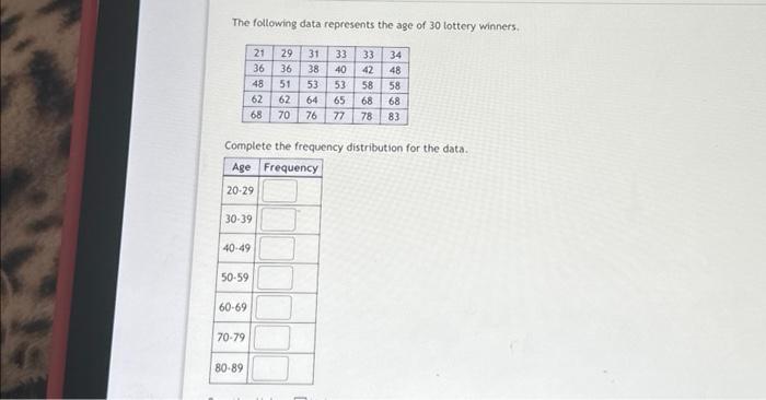 Solved The following data represents the age of 30 lottery | Chegg.com
