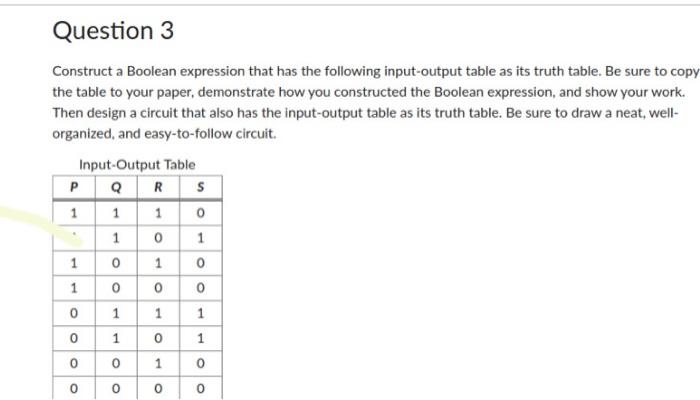 Solved Question 3 Construct a Boolean expression that has | Chegg.com
