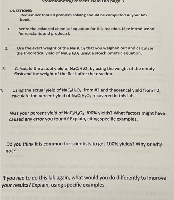 3. 4. 2. QUESTIONS: 1. Stoichiometry/Percent Yield | Chegg.com