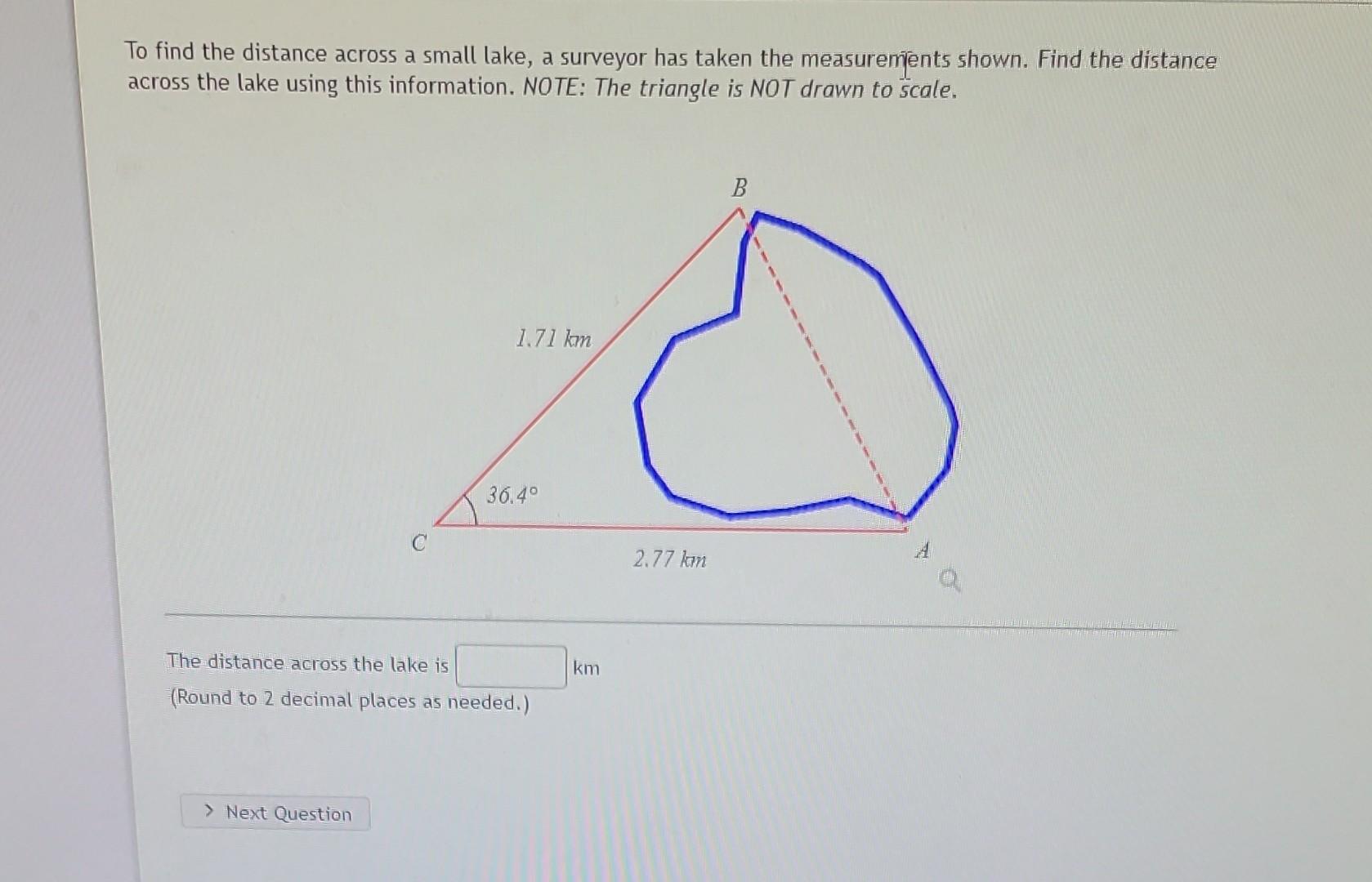 Solved To find the distance across a small lake, a surveyor | Chegg.com
