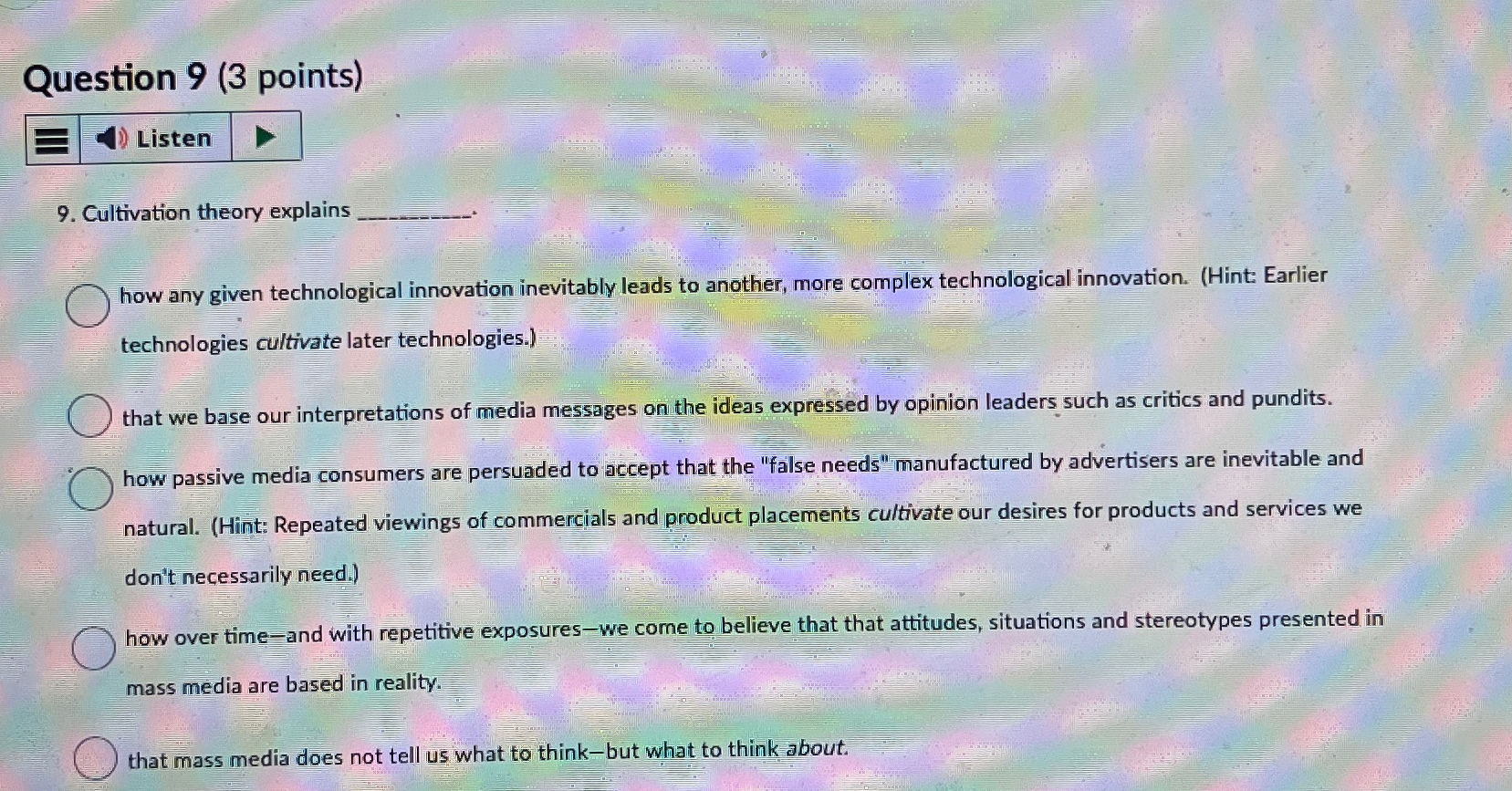 Solved Question 9 (3 ﻿points)Listen9. ﻿Cultivation theory | Chegg.com