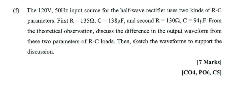Solved (f) ﻿The 120V,50Hz ﻿input source for the half-wave | Chegg.com