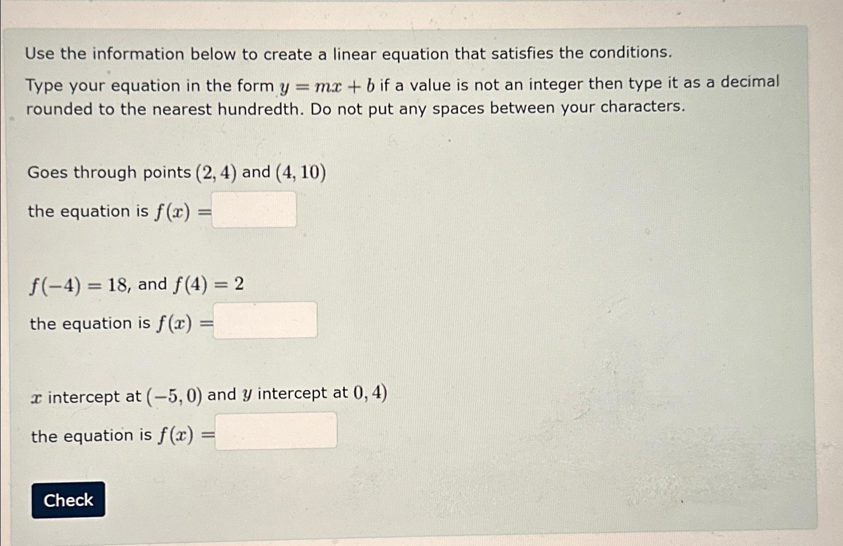 Solved Use the information below to create a linear equation | Chegg.com