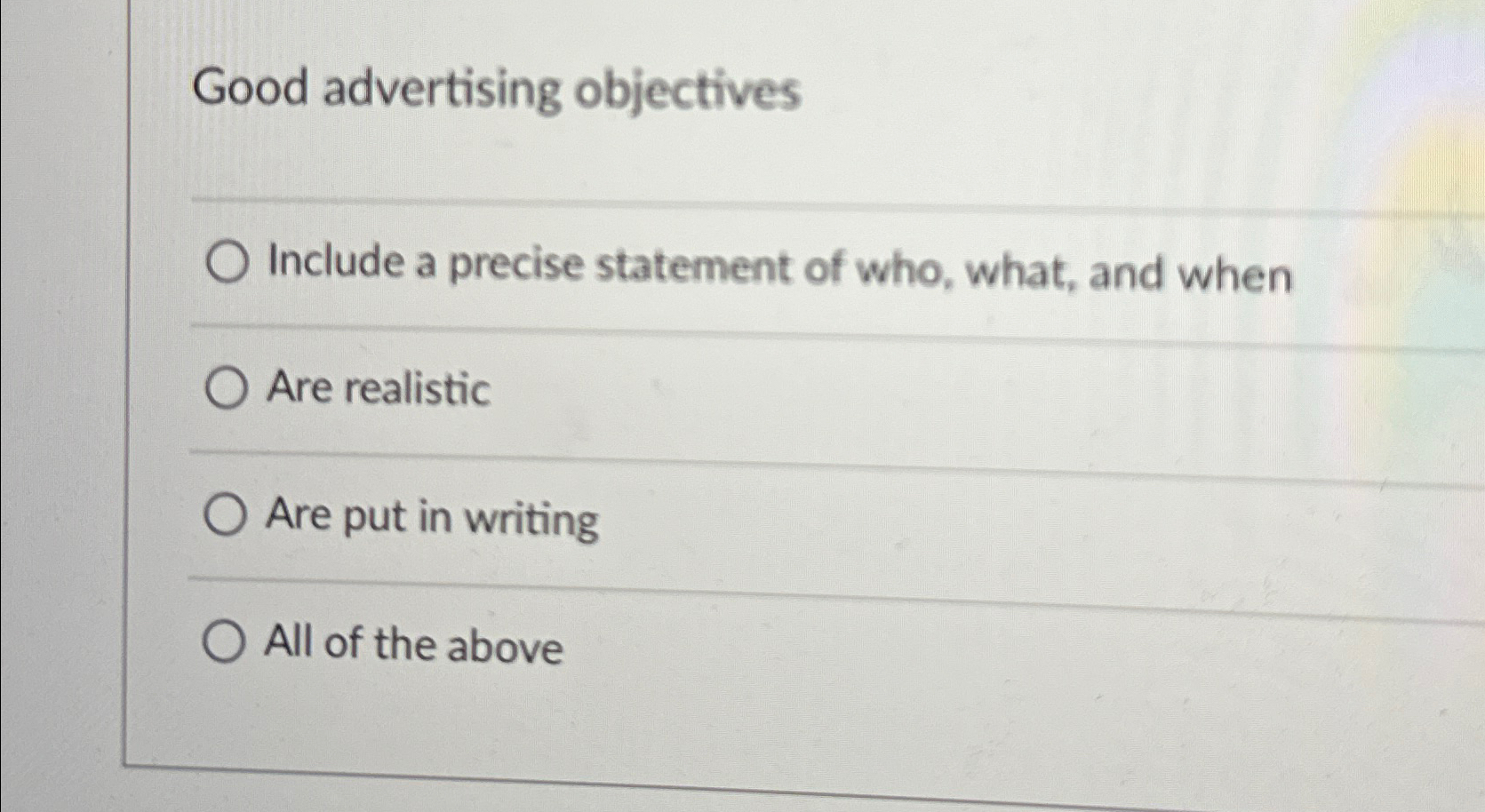 Solved Good advertising objectivesInclude a precise | Chegg.com