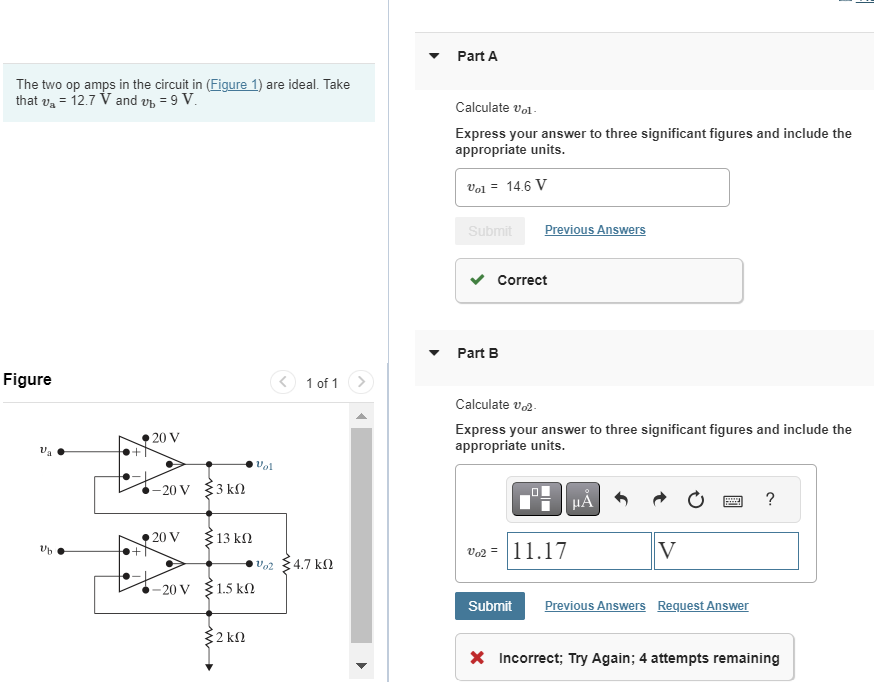 Solved Part AThe two op amps in the circuit in (Figure 1) | Chegg.com